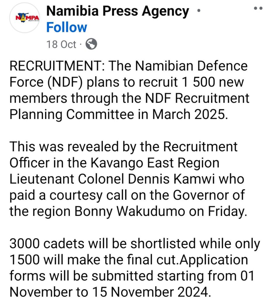 August NDF Recruitment 2025, Namibian Defence Force Current Job Opening ...