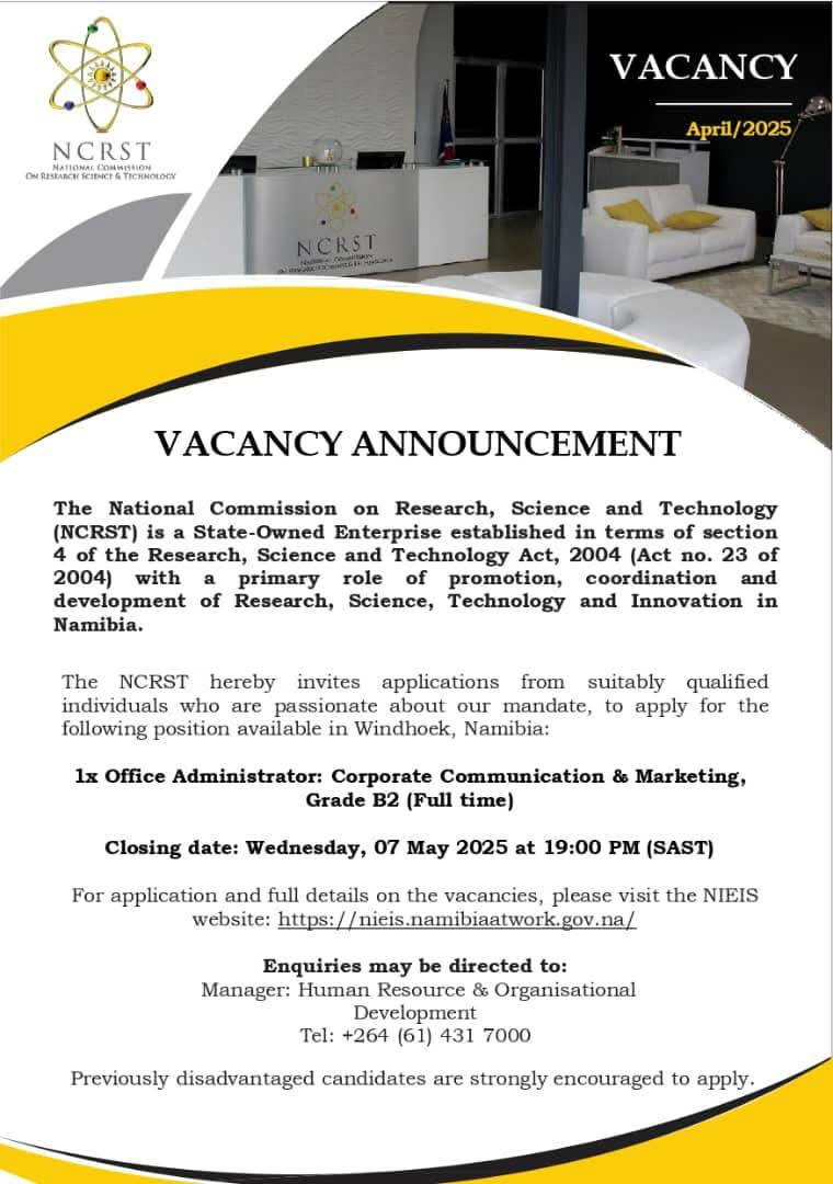 May NCRST Vacancies 2025, Latest Job Opportunities at @www.ncrst.na ...
