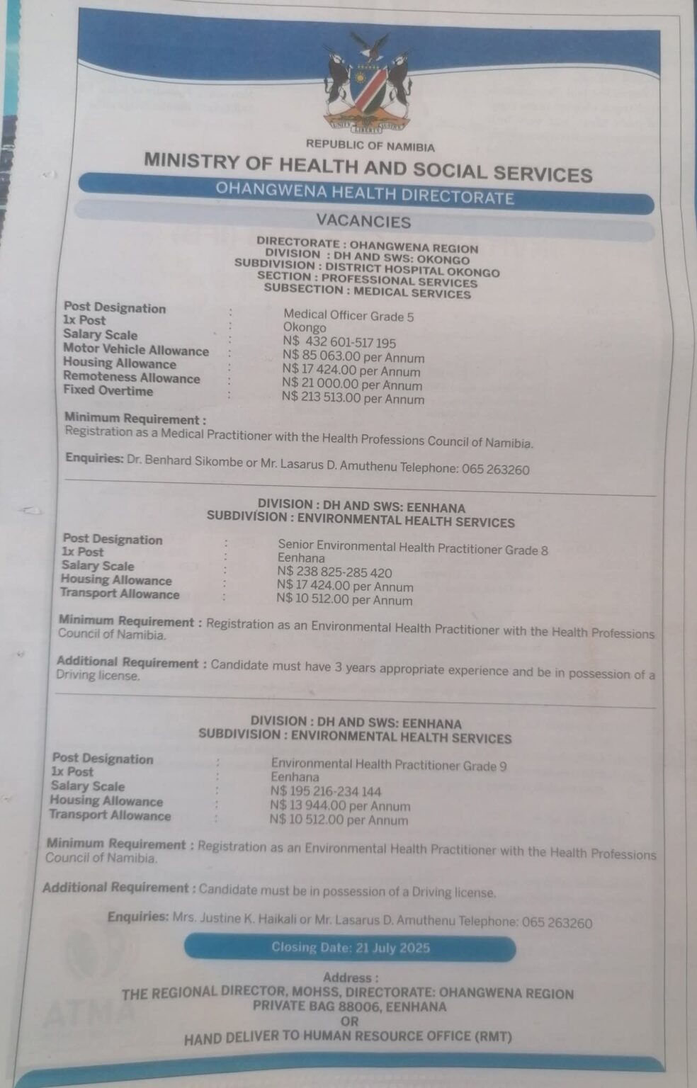 July Ministry Of Health & Social Services Vacancies Namibia 2025 @mhss ...