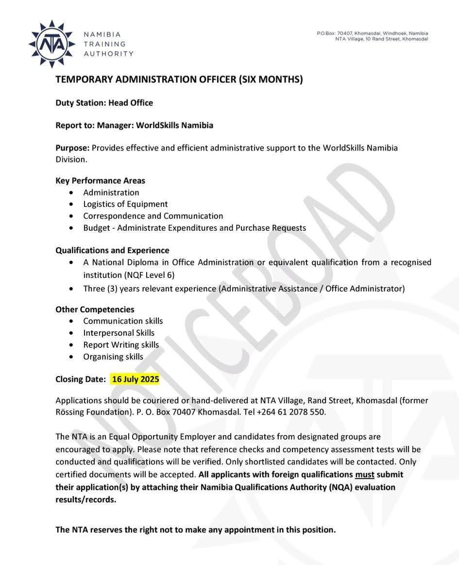 August NTA Vacancies 2025, Latest Job Opportunities at @www.nta.com.na ...