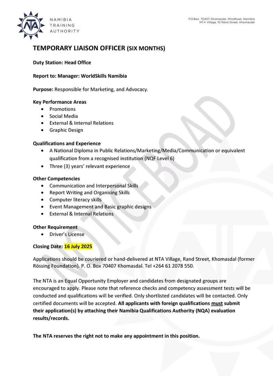 August NTA Vacancies 2025, Latest Job Opportunities at @www.nta.com.na ...